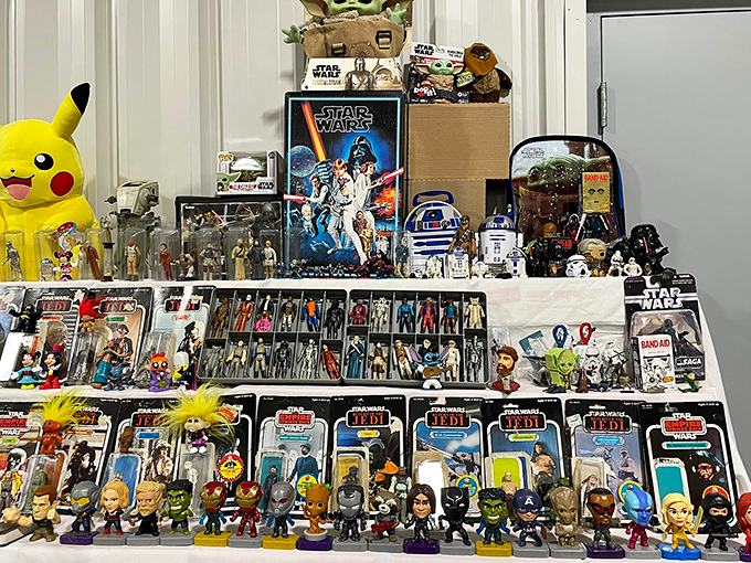 Star Wars figures stand at attention alongside Pikachu&mdash;a plastic army of nostalgia. Collectors examine each piece like archaeologists discovering ancient artifacts.