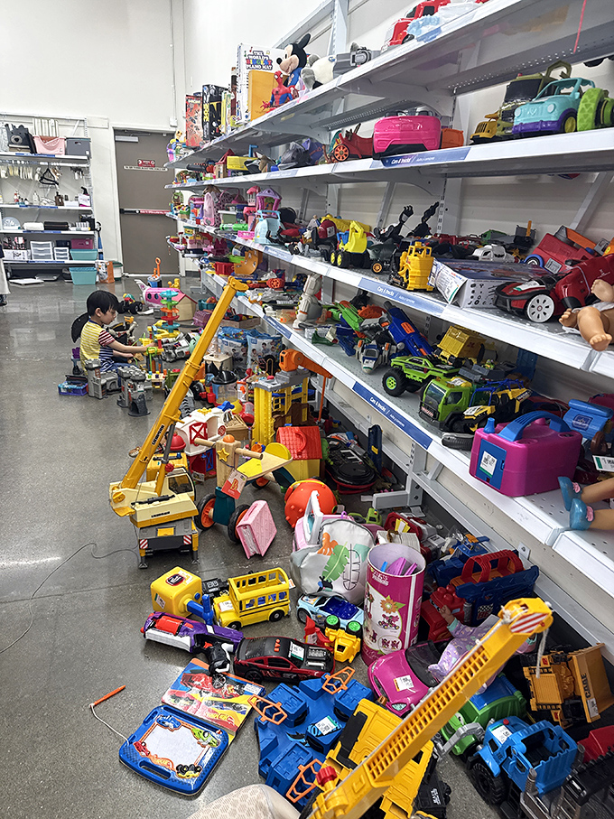 A toddler's paradise where plastic dreams come true. This toy section could stock a daycare center, with enough vehicles to create a miniature rush hour.