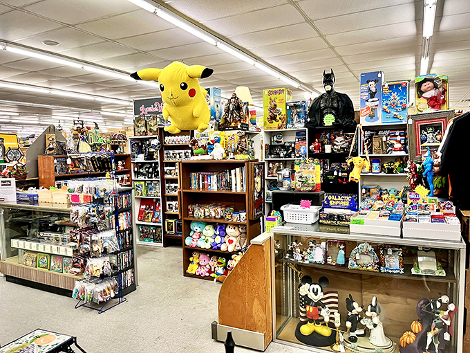 Pikachu presides over a toy kingdom where Batman, Mickey, and childhood memories from every decade coexist in plastic harmony.