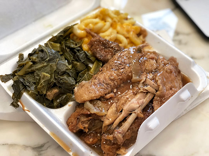 These turkey wings aren't playing around. Paired with collards and mac and cheese, it's the holy trinity of Southern comfort.