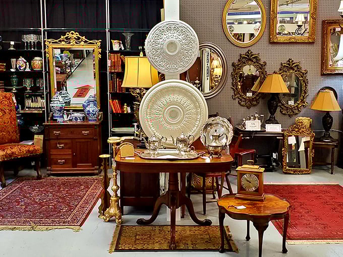 Ornate ceiling medallions and gilded mirrors create a decorator's playground. That Persian rug has stories to tell about the feet it's cushioned.