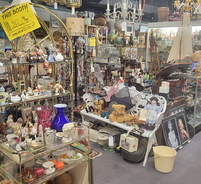 Dolls, glassware, and memories for sale&mdash;each shelf a different chapter in America's collective attic of "I remember when..."