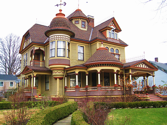 This Victorian masterpiece flaunts its architectural exuberance with turrets, gingerbread trim, and a color palette that would make your HOA president hyperventilate.