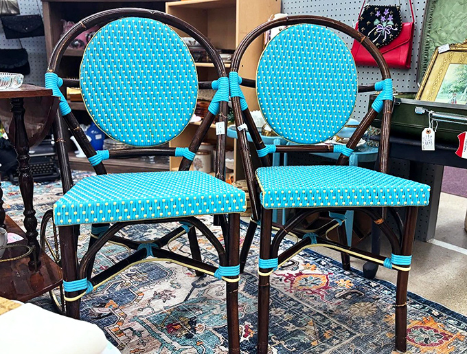 These turquoise bistro chairs aren't just seating—they're an invitation to imagine yourself on a Parisian sidewalk, espresso in hand.