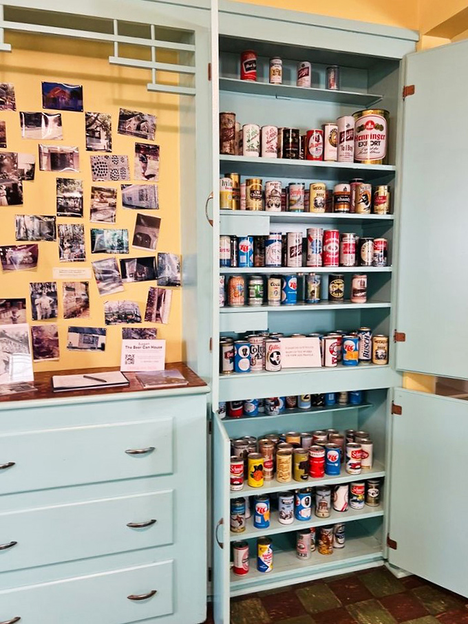 A rainbow of vintage cans showcases decades of brewing history, from classic Schlitz to forgotten regional brands that grandpa might remember fondly.