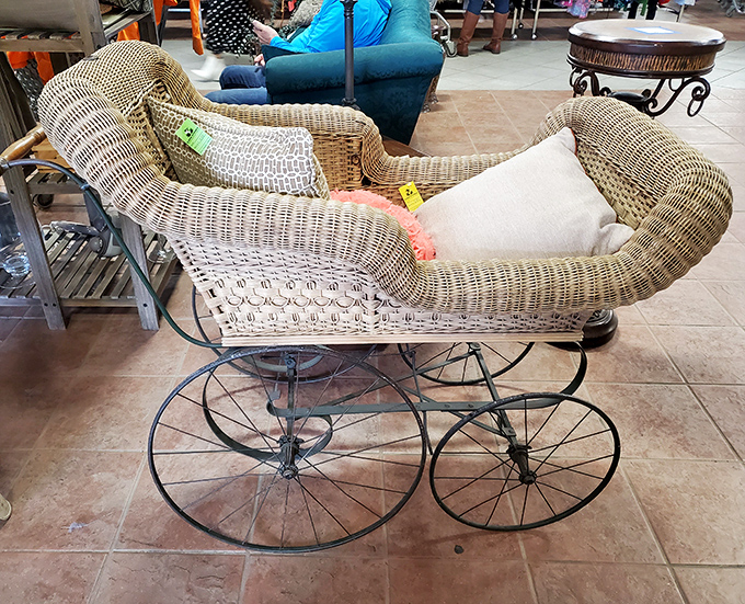 This vintage wicker baby carriage isn't just transportation&mdash;it's time travel, rolling straight out of a Victorian nursery into your modern home.