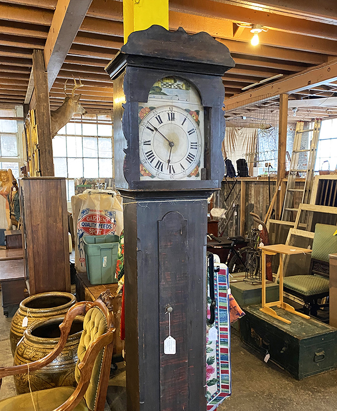 Time literally stands still in this weathered grandfather clock. Its face has witnessed more history than your high school textbook.