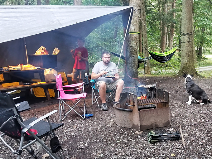 Campsite living room, Pennsylvania style. Where conversations flow easier and marshmallows achieve their highest purpose.