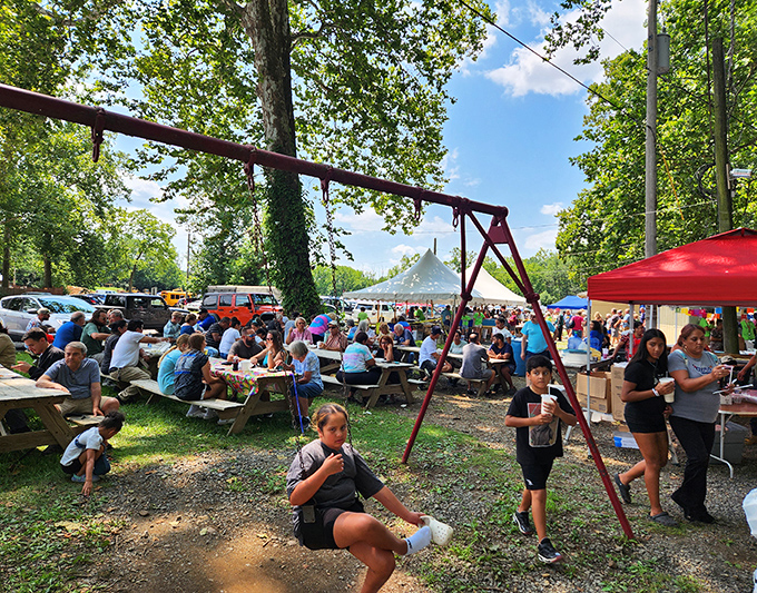 The universal flea market fuel station&mdash;where hungry treasure hunters recharge under leafy canopies before diving back into the hunt.