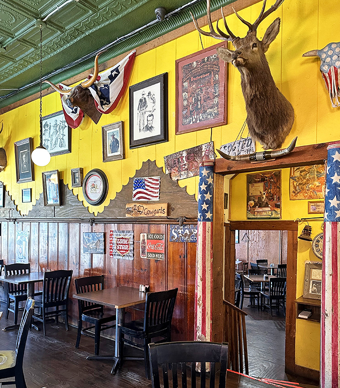 The walls tell stories of Texas pride &ndash; mounted trophies, framed memories, and Americana that feels earned rather than manufactured.