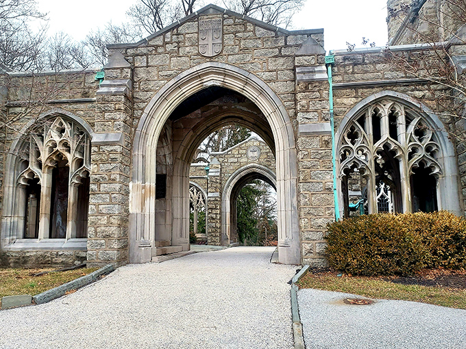 The Washington Memorial Chapel's Gothic arches reach skyward like stone prayers, a spiritual sanctuary amid a landscape of military memory.