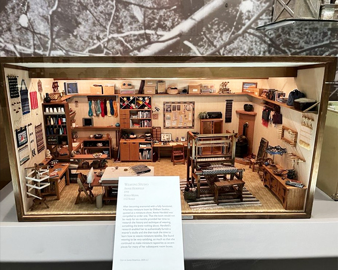 A weaving studio frozen in time, complete with looms and tools smaller than your fingernails. 