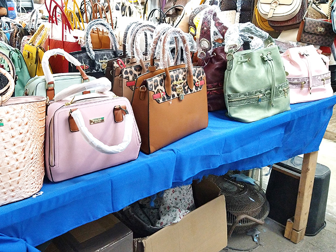 Handbags in every shade of the pastel rainbow, displayed with the care of fine art. The perfect Florida accessory awaits, ready to hold your sunscreen and sense of adventure.