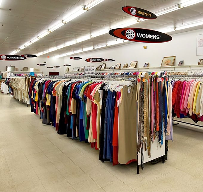 Rainbow racks of women's clothing organized by type and size make finding that perfect blouse or dress less treasure hunt, more shopping victory.