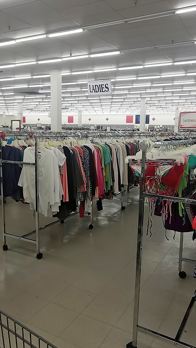 The ladies' section: organized chaos at its finest. Every hanger holds potential for that "you'll never believe where I got this" moment.