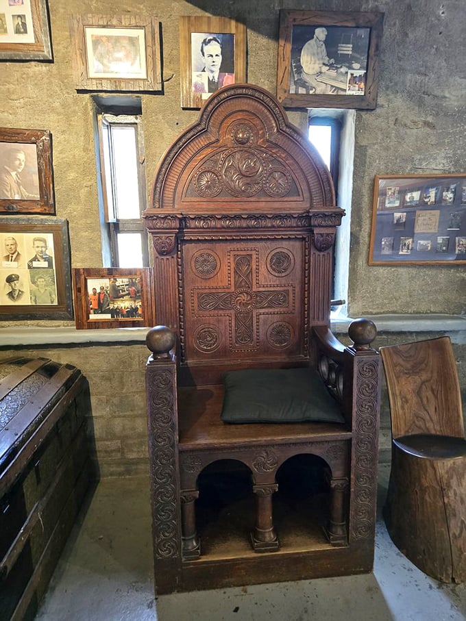 Not just any chair&mdash;a proper throne fit for royalty or tired tourists needing a medieval moment of rest after climbing those authentic stone stairs.