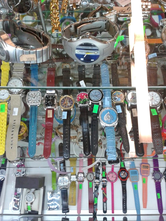 Time literally stands still in the watch display case, where decades of timepieces wait patiently for their chance to be fashionable again.