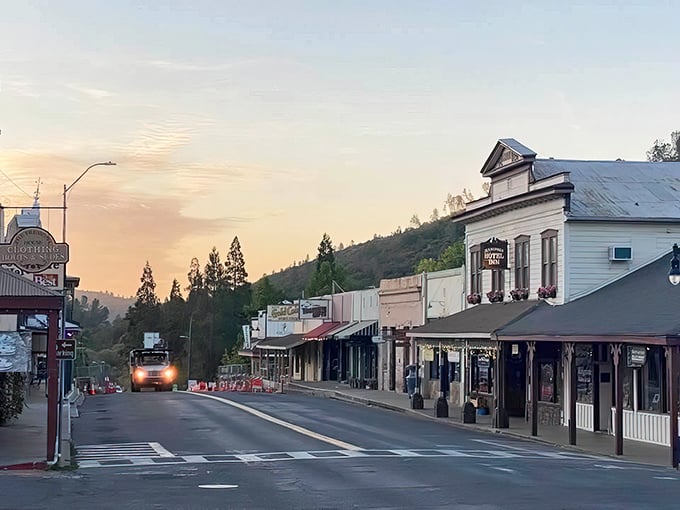 Sunset paints Mariposa's main street in pastel hues, transforming the ordinary into something magical as day winds down in the foothills.