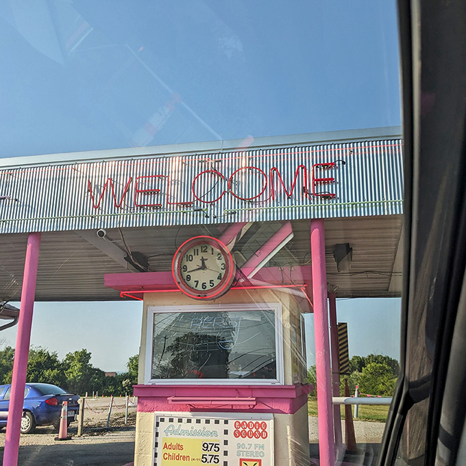 "WELCOME" glows in neon above ticket prices that feel like a time warp in today's inflation-happy world. 