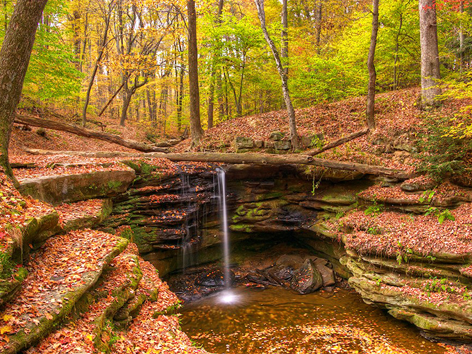 Fall foliage creates nature's perfect frame, turning an already beautiful waterfall into something that belongs on a calendar cover.