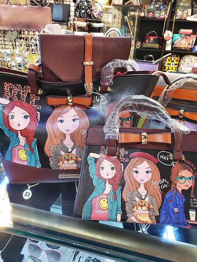 Whimsical illustrated handbags that say "I'm practical, but fun!" Perfect for carrying home all your other flea market treasures.