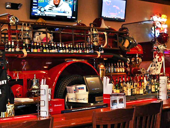 The fire truck bar isn't just decoration&mdash;it's the command center where BBQ dreams are dispatched to hungry patrons throughout the restaurant.