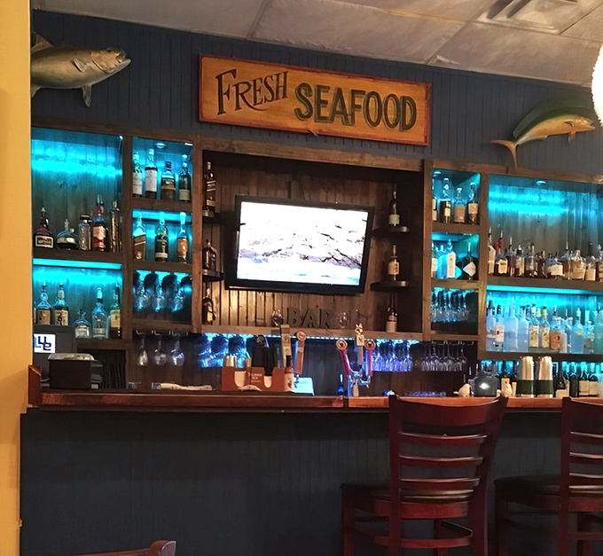 The bar glows blue like an underwater kingdom where spirits and seafood unite in delicious harmony.