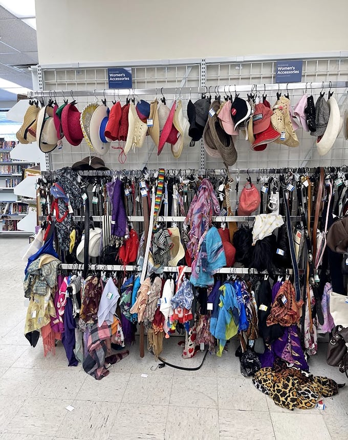 The accessories corner: where yesterday's sun hats and scarves await their triumphant return to fashion relevance.