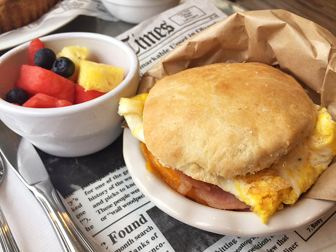 The breakfast sandwich that makes you understand why the rooster is so darn cheerful every morning. That side of fruit is just playing defense.