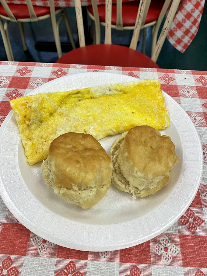 A fluffy omelet alongside fresh-baked biscuits&mdash;the breakfast duo that's launched a thousand productive Nashville days since before your grandparents were born.