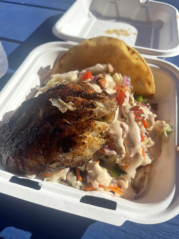 This blackened fish doesn't need a wingman. Perfectly seasoned and confidently resting atop a bed of crunchy slaw &ndash; a lone wolf of deliciousness.