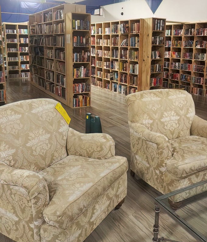 Reading nooks complete with chairs for test-driving your literary finds. Like a library where you can actually take books home.