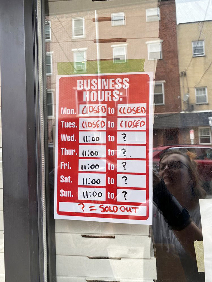 The most honest business hours sign in America. When they're out of food, they're out &ndash; the restaurant equivalent of "mic drop."