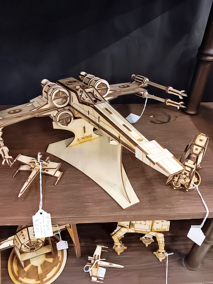 Star Wars meets craftsmanship in these wooden models. The Force is strong with whoever created these detailed spacecraft replicas.