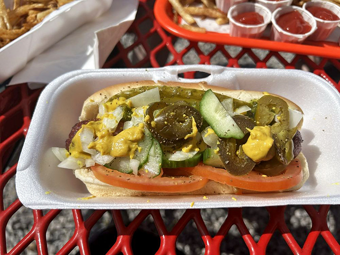 This Chicago-style dog has more layers than a Shakespeare play, each one contributing to the perfect flavor narrative.