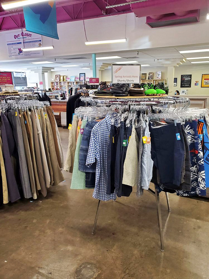 Circular racks create a carousel of fashion possibilities. Each turn reveals another potential wardrobe revival waiting to be discovered by patient shoppers.