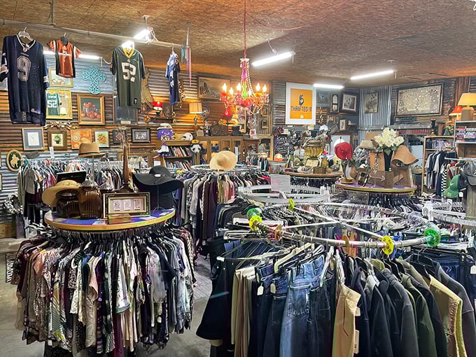 The clothing section is organized with military precision, while vintage chandeliers add unexpected elegance to this bargain hunter's paradise.