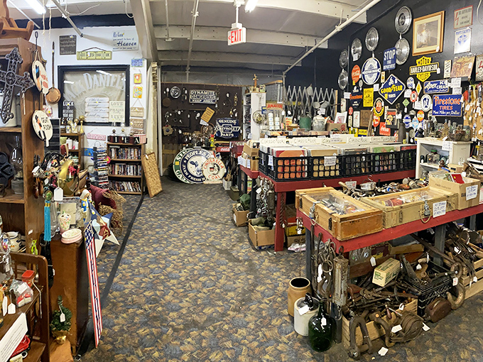 Every collector's treasure trove, where vintage signs and memorabilia create a maze of Americana. One person's nostalgia becomes another's perfect conversation piece.
