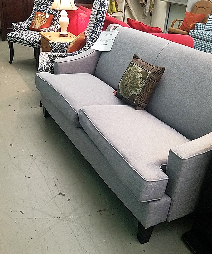That sleek gray sofa could easily be mistaken for brand new &ndash; someone's decorating upgrade becomes your living room transformation at a fraction of retail.