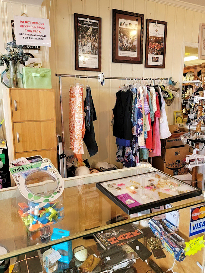 The checkout counter doubles as a jewelry showcase where accessories await their next fashion adventure.