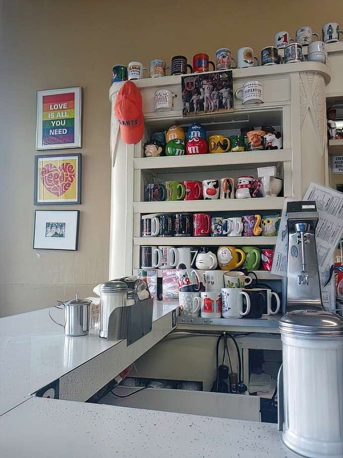 The mug collection rivals most museums, each one with its own story and personality, like a ceramic timeline of American pop culture.