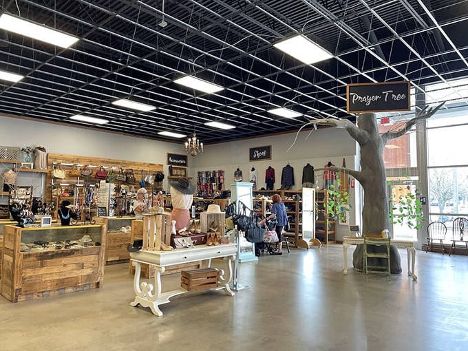 The Prayer Tree area combines spirituality with shopping, creating a unique corner that reflects the store's community-minded mission.