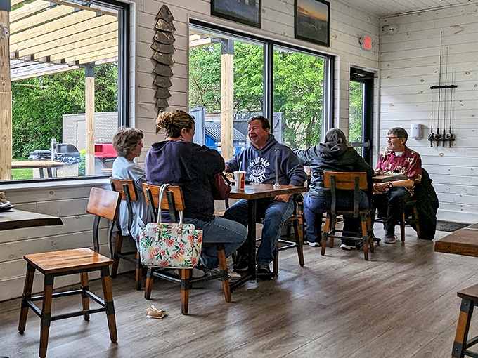 Laughter shared over good food—the universal language of dining. These folks know the secret: happiness is just a perch sandwich away.