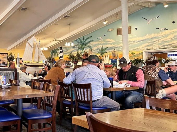 The packed dining room tells you everything you need to know. Good seafood attracts crowds like a lighthouse attracts ships.