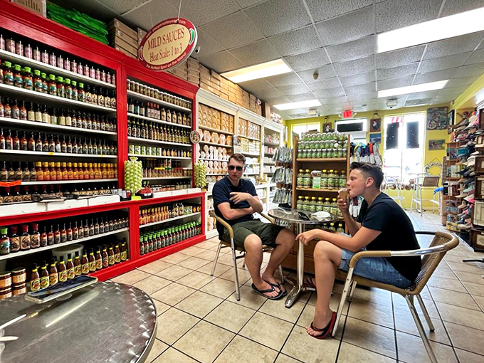 Visitors enjoying a moment of pie-induced bliss in a shop that feels like the living room of your most interesting friend.