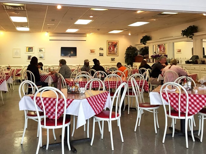 Classic red and white checkered tablecloths&mdash;the universal signal that good, unpretentious food is coming your way. No tweezers were used in this kitchen!