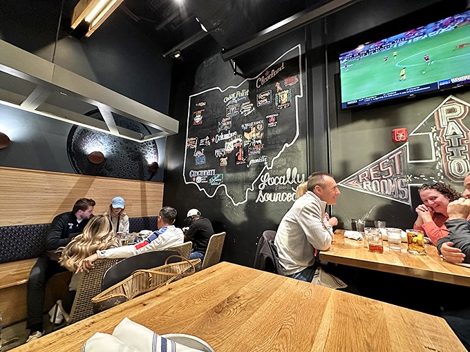 The "Locally Sourced" wall map of Ohio isn't just decoration&mdash;it's a conversation starter that's launched a thousand road trips between bites.