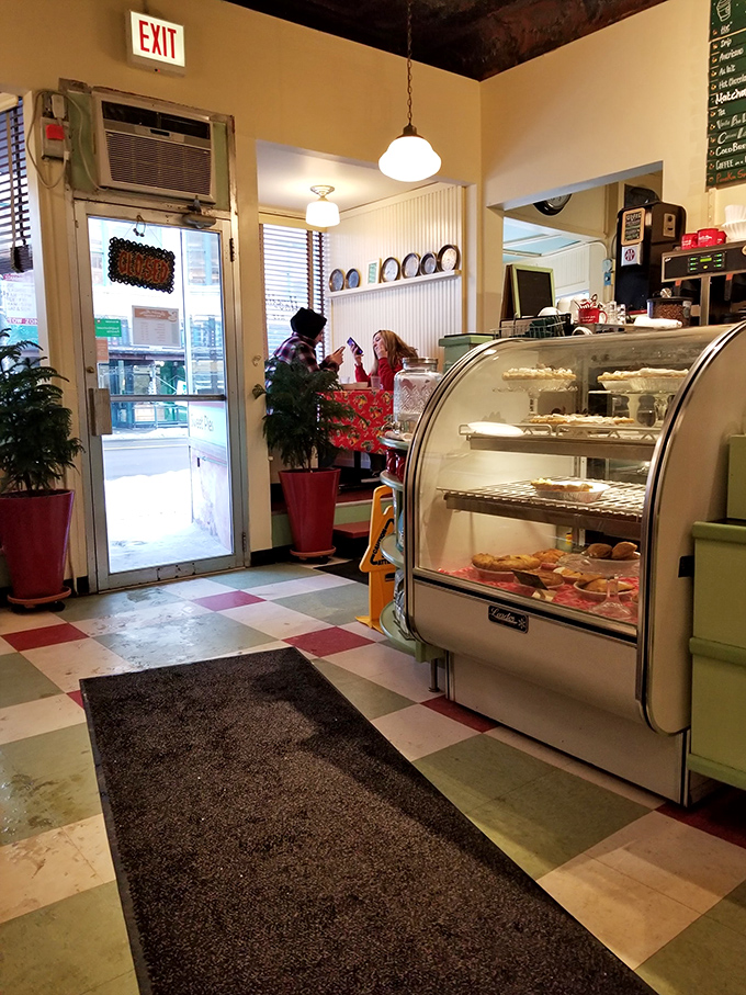 The curved display case showcases daily temptations like a museum of edible art that changes every morning.