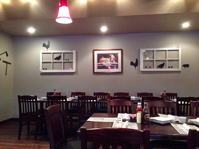 The dining area's subtle farm-themed décor creates an atmosphere where conversations flow as easily as the coffee. Those silhouettes tell stories without saying a word.