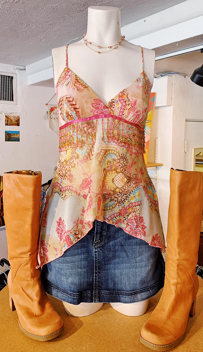 A bohemian fantasy outfit awaits its next owner, paired with caramel boots that have already done the breaking-in work for you.